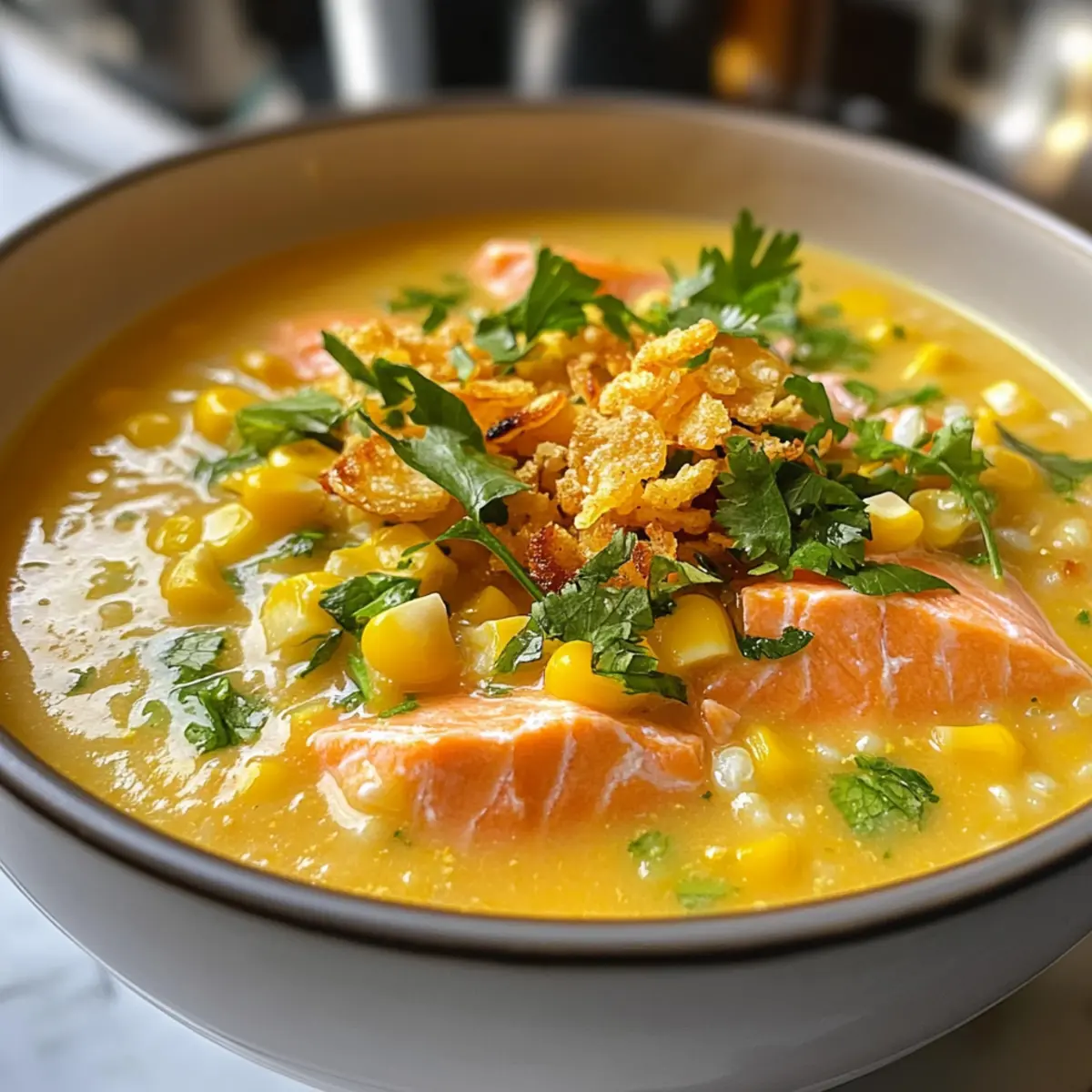 Magical Corn Gazpacho with Salmon & Crispy Rice Delight