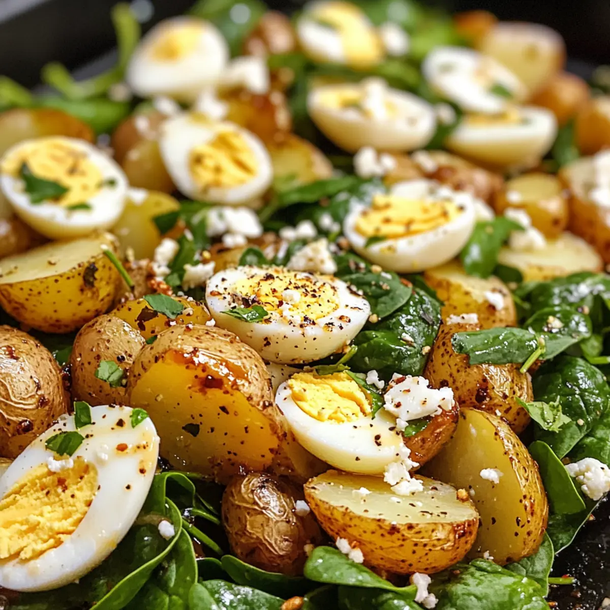 Ultimate Garlic Roasted Potato Spinach Salad with Eggs